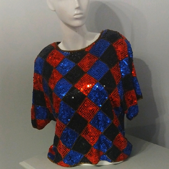 candlelight | Tops | Vintage Sequin Harlequin Top Red And Blue 8s ...